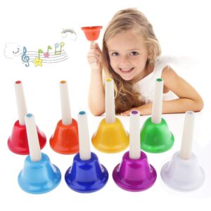 alnicov music hand bell rhythm band beginners play hand bells,8 sound,8 color musical bell for senior,teacher,desk bell metal hand bells set (one set of 8 notes)