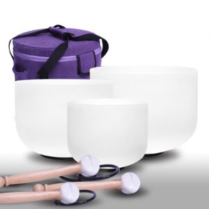 energysound perfect pitch 432hz frosted chakra set of 3 pcs 12" c, 10" e 7" a quartz crystal singing bowl mallet and o-ring included