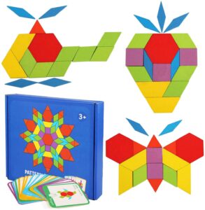 kancai 155pcs wooden pattern blocks set geometric shape puzzles classic educational toys tangrams set for kids ages 3-8 with 24 pcs design cards