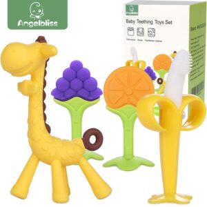 teething toys (4 pack)-angelbliss baby teething toys set/baby teether chew toys/natural organic freezer safe for infants and toddlers/bpa-free teether set for boys & girls (green)