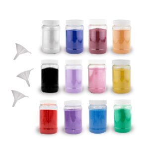 12 colored sand for sand art, color sand plus 3 small plastic funnels included for craft sand projects