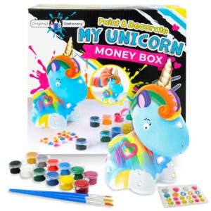 original stationery paint and decorate your own unicorn money box, kids paint set for girls with 21 gems, 12 non toxic fun colors and lots more!