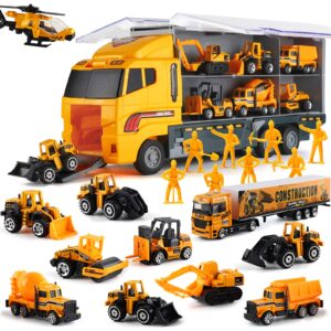 19 in 1 construction truck with engineering worker toy set, mini die-cast engine car in carrier truck, double side transport vehicle play for child kid boy girl birthday christmas party favors