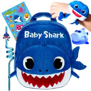 q&m novelties baby shark backpack gift set bundle (5 pack), kids baby shark toys plush toddler play set, blue - daddy shark