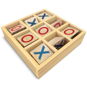 gamie wooden tic-tac-toe game, small travel game with fixed spinning pieces, classic wood game for kids, fun indoor game night activity for boys and girls