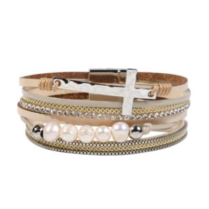 vercret leather wrap bracelet for women - multi-layer bracelets with pearl cross beige magnetic clasp bangle cuff stacked bracelet for lady and mother