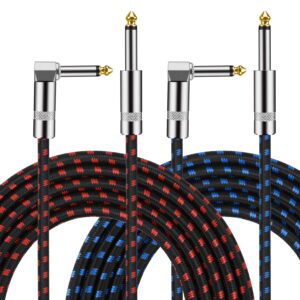 guitar instrument cable 10 foot 1/4 inch straight to right angle noise reduction audio cord 6.35 mm for electric guitar bass keyboard drum speaker microphone 2 pack