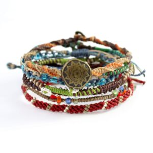 wakami earth handmade boho bracelets set of 7 | braided indie bracelets for women and men | beaded, stackable, handmade by artisans, waterproof waxed thread | earth