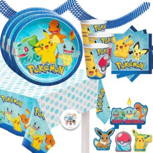 classic pokemon birthday party supplies pack for 16 with plates, napkins, cups, table cover, candles, and pin