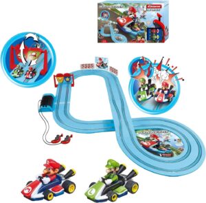 carrera first nintendo mario kart slot car race track - includes 2 cars: mario and luigi and two-controllers - battery-powered beginner set for kids ages 3 years and up, 20063028