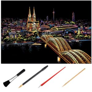 ameolela rainbow scratch painting paper, sketch diy art craft city series night view creative gift, scratchboard for adults and kids, craft kits with 4 tools, 16x11 inches（cologne cathedral）