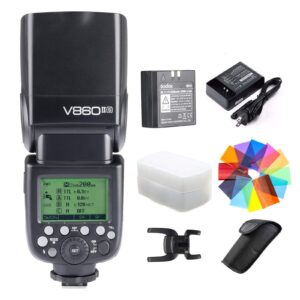 godox v860ii-s kit hss 1/8000s gn60 2.4g ttl 1.5s recycle time li-ion battery camera flash speedlite light compatible for sony camera & color filters & diffuser (v860ii-s)