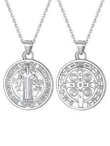 u7 men women st benedict necklace 925 sterling silver round medal protect saint nursia benedict pendant and chain 18 inch