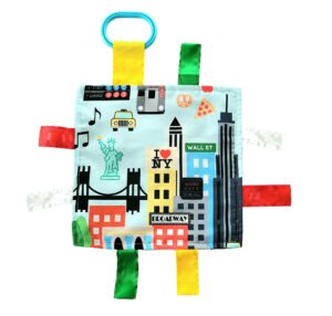 baby jack & co 8x8” learning lovey nyc new york tag toys for babies - baby crinkle toys - soft & safe - learn usa cities and shapes - ideal baby toy & gift bpa free w/stroller clip