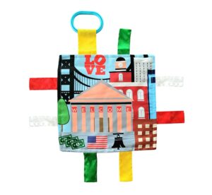 baby jack & co 8x8” learning lovey philadelphia pennsylvania tag toys for babies - baby crinkle toys - soft & safe - learn usa cities and shapes - ideal baby toy & gift bpa free w/stroller clip