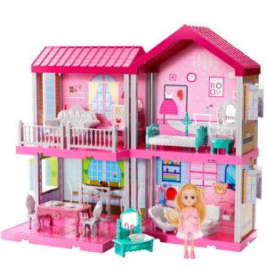 temi villa toys for 3 4 5 6 7 8 years old girls - 2 storeys 4 rooms, indoor playset with 2 dolls toy figures, toys furniture and accessories, pretend girls plays, building toys, gifts toy