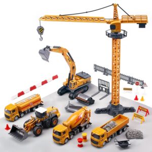 cute stone alloy construction vehicles truck toy set, kids engineering truck playset, crane, excavator, cement, fuel truck, wheel loader with 3 interchangeable parts,gift for toddlers boys children