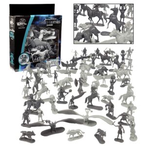 fantasy creatures mini action figure playset- 56pc toy monster miniatures w 12 difft sculpts- large direwolfs, cyclops, winged dragon phoenixes & more- 1/32nd scale dungeon paintable xmas