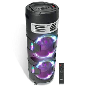 pyle portable bluetooth pa speaker system - 1200w outdoor bluetooth speaker portable pa system w/tws function, microphone in, flashing dj party lights, usb reader, fm radio, rolling wheels