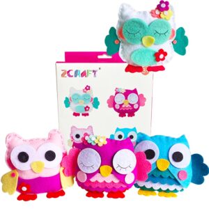 movebo sewing kit for kids, owl animal toy felt diy crafts pack of 4 felt toy sewing crafts kits for kids age 5-10 years