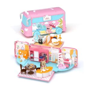 mitcien dollhouse playset, diy pretend portable caravan camper bus toy kit with little critters bunny dolls mini cottage house set camping family toys for toddler 3 4 5 6 year old girl