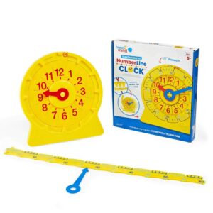 hand2mind number line clock for demonstration, math manipulatives for counting numbers and telling time, montessori toys for toddlers, learning to tell time clock, kindergarten homeschool supplies