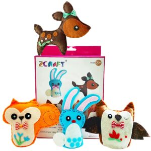 movebo felt diy sewing crafts animal crafting sewing kit fun diy stuffed animal sew kits for kids boys and girls (4 animal toy diy set including rabbits, owls, squirrels, deer)