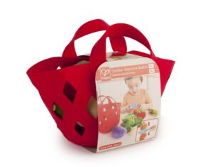 hape toddler vegetable basket |soft vegetable shopping basket, toy grocery food playset includes cabbage, bean pod, carrot, and more