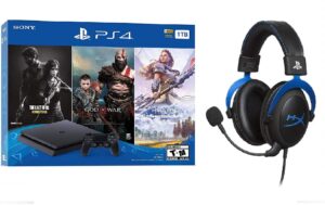 playstation 4 slim 1tb console + hyperx cloud licensed gaming noise cancelling headset headphones + 3 games (god of war, the last of us, horizon zero dawn) bundle