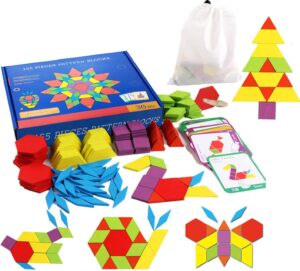 set of 155 wooden pattern blocks geometric manipulative shape puzzle kindergarten graphical classic educational montessori tangram toys for kids ages 3+ jigsaw puzzles gift with 24 pcs design cards