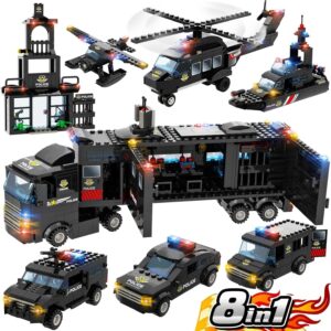 wishalife 8 in 1 city police swat mobile command center truck toy building set, with police station toy, police car toy, helicopter toy, boat toy, fun police toys gift for kids, boys, girls age 6 plus