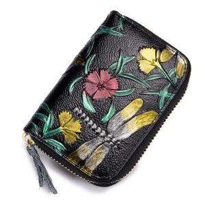 womens walllet rfid blocking leather credit card wallet flower retro coin purse zipper pockets card case holder (dragonfly,one size)