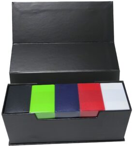 card deck boxes set of 5 + 500 sleeves + packaging designed for storage (black, white, blue, green, red) for magic the gathering (mtg) pokemon yugioh - may be suitable for other trading card games