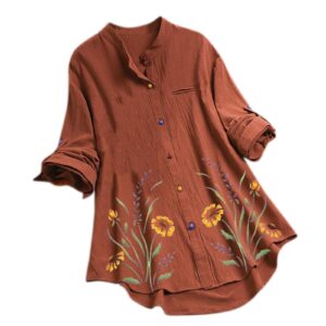 aniywn women round neck lace up lace patchwork flare pullover top casual plus size 3/4 sleeve floral printed t-shirt brown