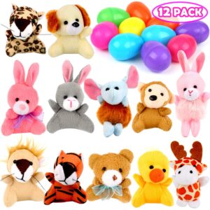 ufunga 12 pack prefilled easter eggs with animal plush 3.15inch plastic easter eggs for easter hunts, basket stuffers