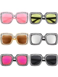 frienda 6 pairs crystal oversized square sunglasses diamond glitter sunglasses retro thick frame sunglasses(black, tawny, purple, watermelon red, yellow, silver)