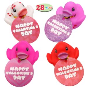 joyin 28 pack valentine’s day gift cards with gift mini rubber duck bath toys for classroom exchange prizes, valentine party favors toys