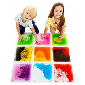 special supplies square floor liquid tiles for kids, set of 9, colorful early learning sensory activity mats for toddlers and children, anti-slip backing for active play, dance, and games