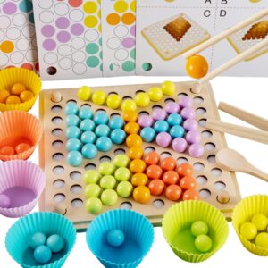 3 in 1 toddler board games-color sorting, math counting and montessori puzzle jigsaw -fine motor toys with rainbow beads, cups, kids tweezers, spoon & chopsitcks, montessori toys for 3 year old+