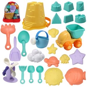 joyin 24 pcs beach sand toys set with mesh bag includes sand water wheel, sandbox vehicle, sand molds, bucket, sand shovel tool kits, sand toys for toddlers kids outdoor play