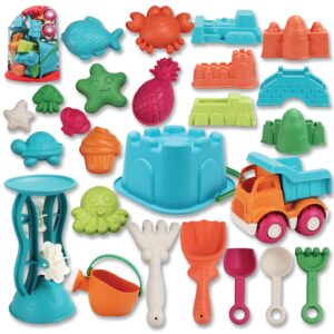 joyin 25 pieces beach sand toys set with mesh bag including bucket, car, shovels, rakes, watering can, molds for kids summer outdoor beach fun