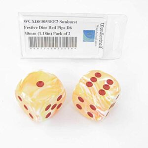 sunburst festive dice with red pips d6 30mm (1.18in) pack of 2 wondertrail