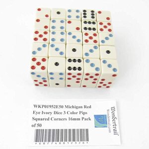 michigan red eye ivory dice with 3 color pips squared corners 16mm (5/8in) pack of 50 wondertrail