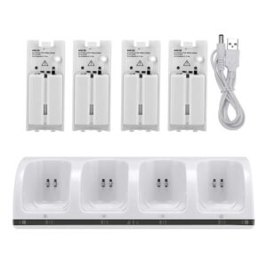 4-in-1 charging station for wii remote controller with rechargeable batteries and motion sensor, dock, cable and adapter - the ultimate charger for nintendo wii u/wii（white）