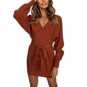 shakumy women elegant sexy v neck wrap belted batwing long sleeve tunic tops dress pencil bodycon knitted mini sweater dress