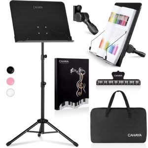 cahaya 5 in 1 dual-use sheet music stand & desktop book stand metal portable solid back height adjustable from 31.4-57in with book stand support, carrying bag, sheet music folder and clip