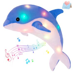 glow guards light up musical stuffed dolphin ocean life soft plush toy with led night lights nursery songs glow singing sea animals birthday for toddler kids, 18''