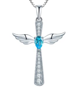 yl cross necklace 925 sterling silver angel wings pendant teardrop created aquamarine criss jewelry for women