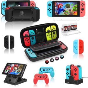 switch accessories bundle for nintendo switch, kit with carrying case, screen protector,charging dock,compact playstand,protective case,game case,joystick cap,grip (16-in-1)