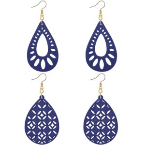 wovanoo wooden cut-out drop earrings 2 pairs natural wood dangle teardrop jewelry gifts blue oval